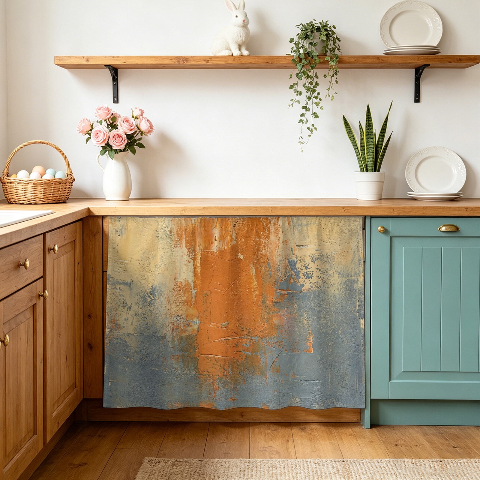 Abstract Art Cabinet Curtains 28" W x 35" L Orange Grey Wall Mottled ...