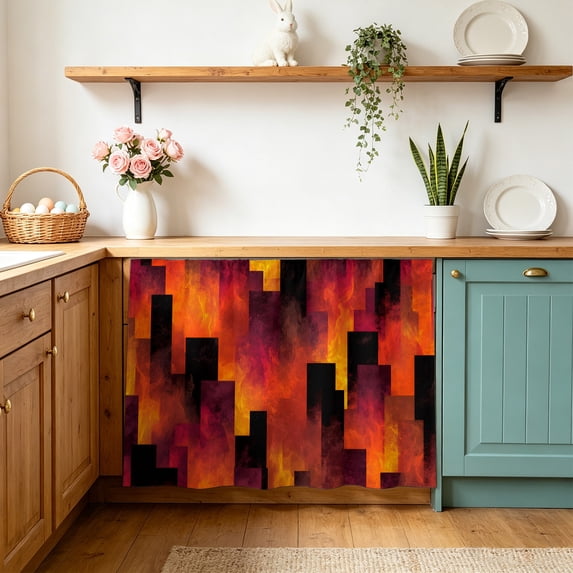 Abstract Art Cabinet Curtains 28" W x 35" L, Red Black Gradient Flames ...