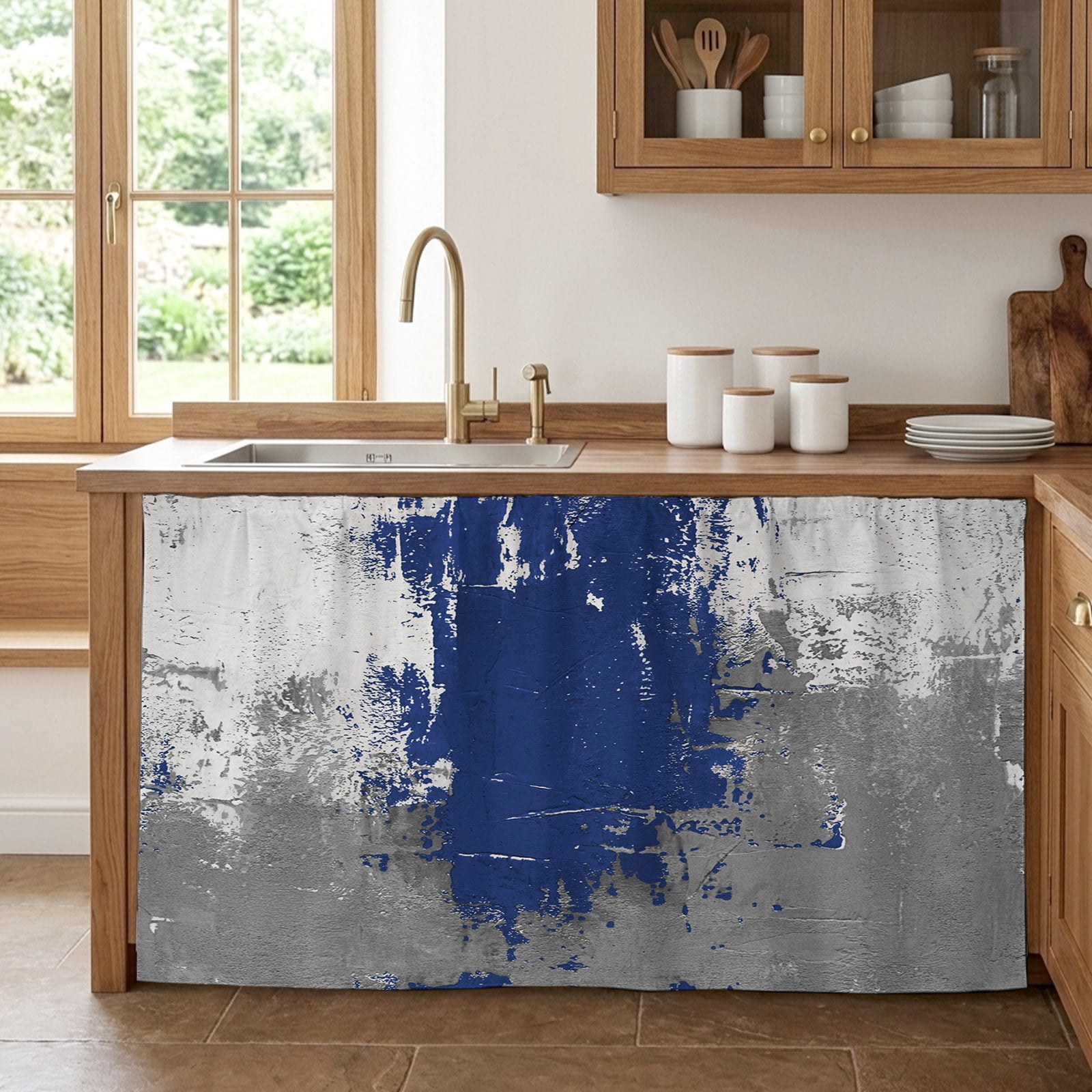 Abstract Art Cabinet Curtains 28" W x 51" L Blue Grey Wall Mottled ...