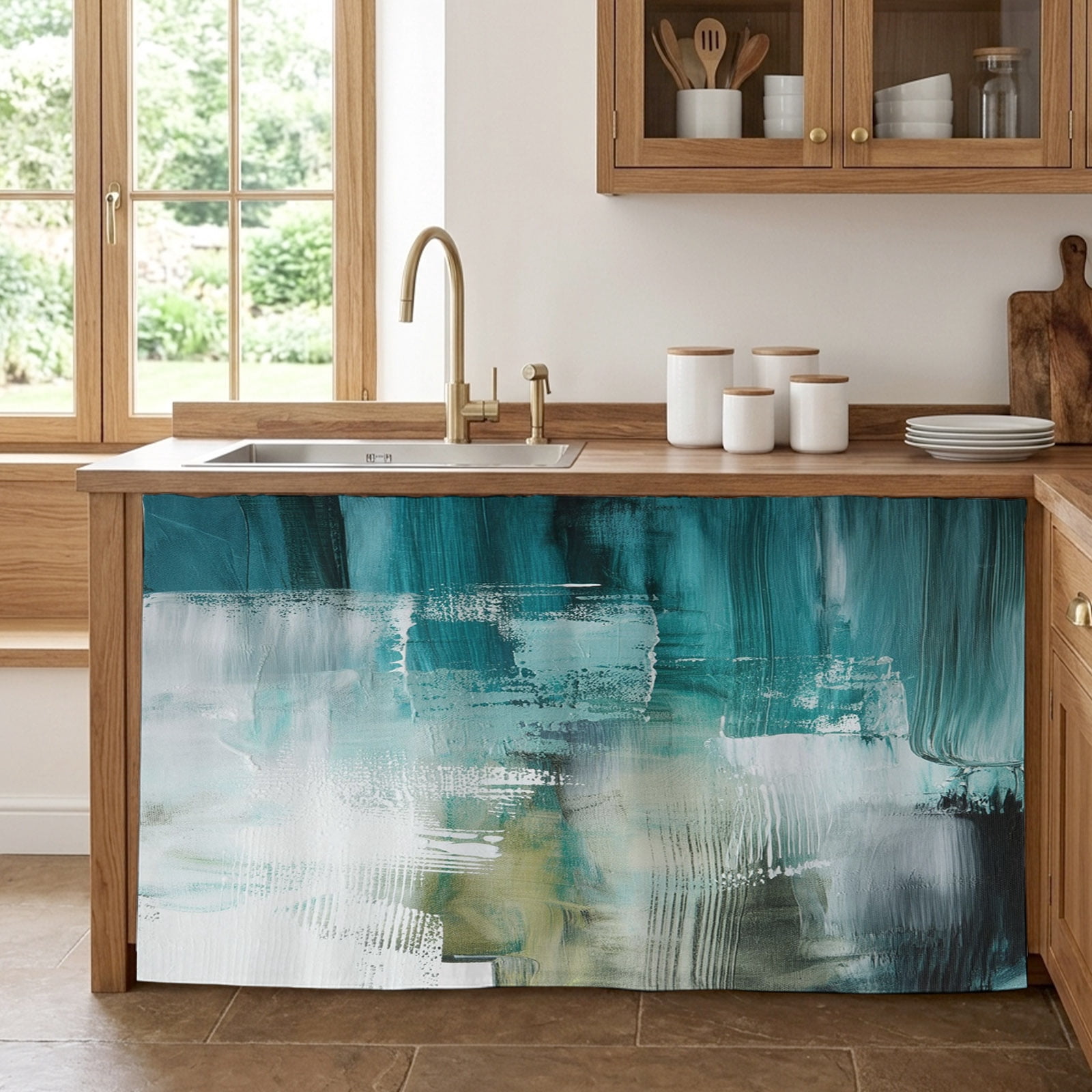 Abstract Art Cabinet Curtains 28" W x 51" L Turquoise White Paint ...