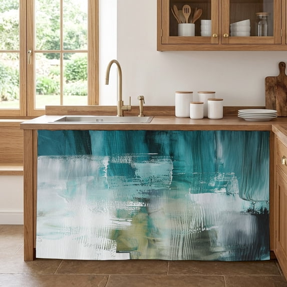 Abstract Art Cabinet Curtains 28" W x 51" L Turquoise White Paint ...