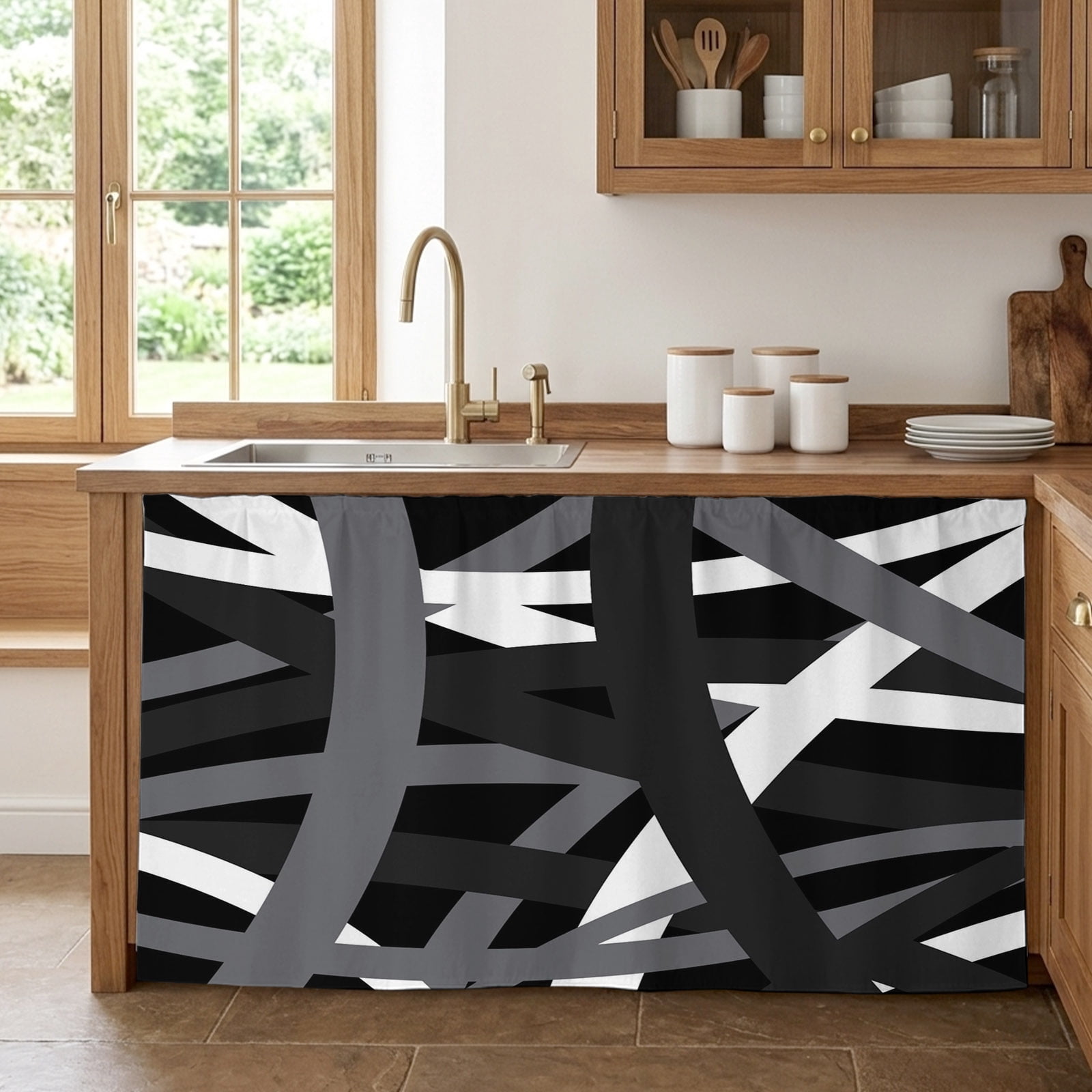 Abstract Art Cabinet Curtains 28" W x 51" L White Black Gray Line ...