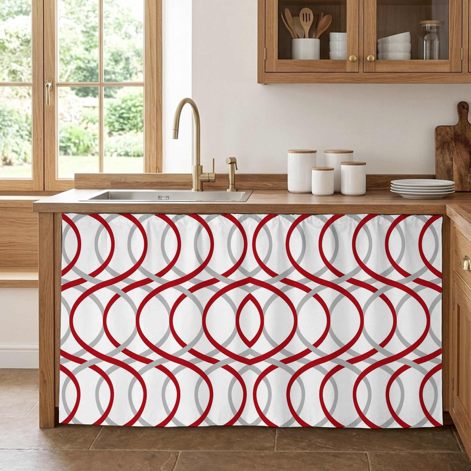 Abstract Art Cabinet Curtains 32" W x 55" L Red Grey Twisted Lines ...