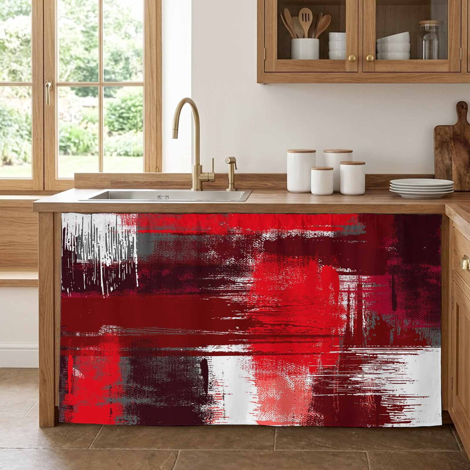 Abstract Art Cabinet Curtains 32" W x 55" L Vintage Red Gray Mottled ...