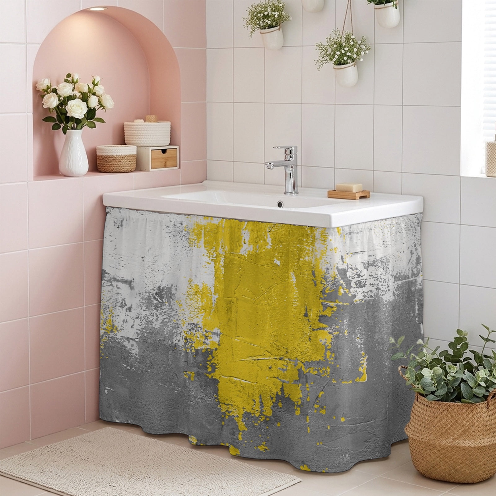 Abstract Art Cabinet Curtains 35" W x 35" L, Yellow Grey Wall Mottled ...