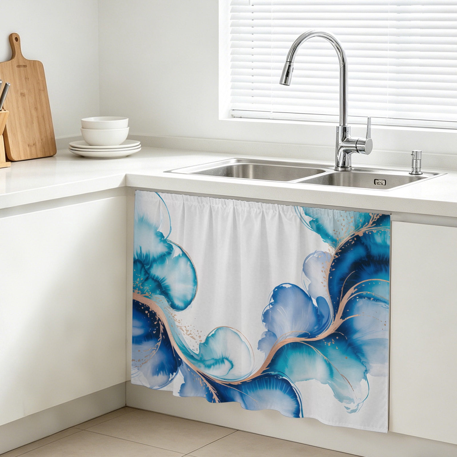 Abstract Art Cabinet Curtains for Kitchen 10"W x 11"L, Watercolor Blue ...