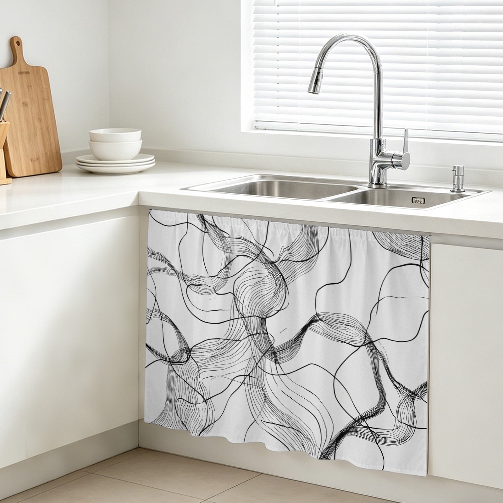 Abstract Art Cabinet Curtains for Kitchen 11"W x 13"L, Black and White ...
