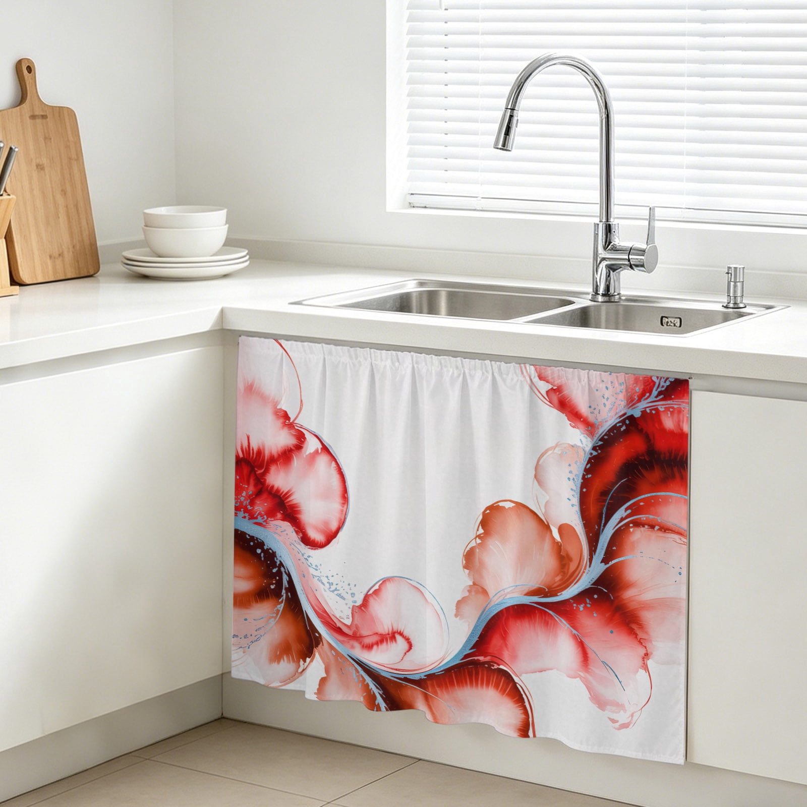 Abstract Art Cabinet Curtains for Kitchen 28"W x 35"L, Watercolor Red ...