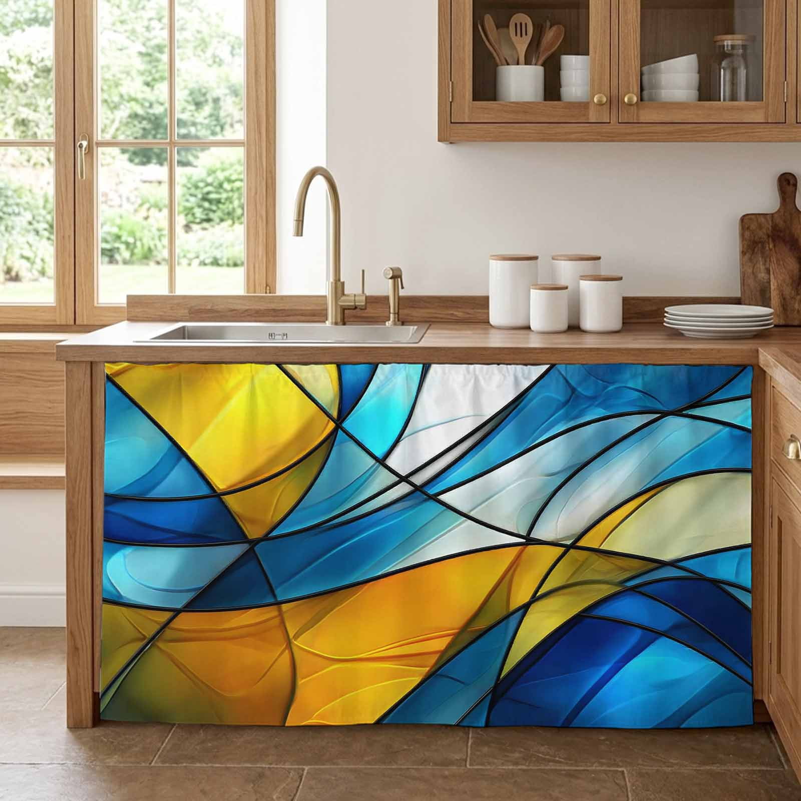 Abstract Art Cabinet Curtains for Kitchen 32"W x 55"L, Blue Yellow ...