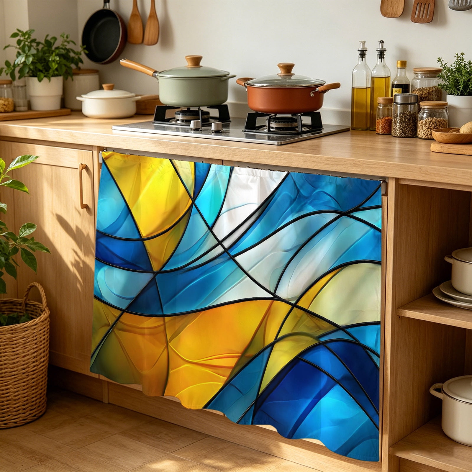 Abstract Art Cabinet Curtains for Kitchen 35"W x 35"L, Blue Yellow ...