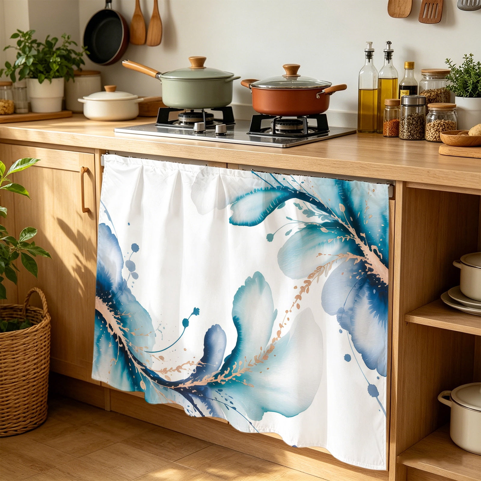 Abstract Art Cabinet Curtains for Kitchen 35"W x 35"L, Watercolor Blue ...