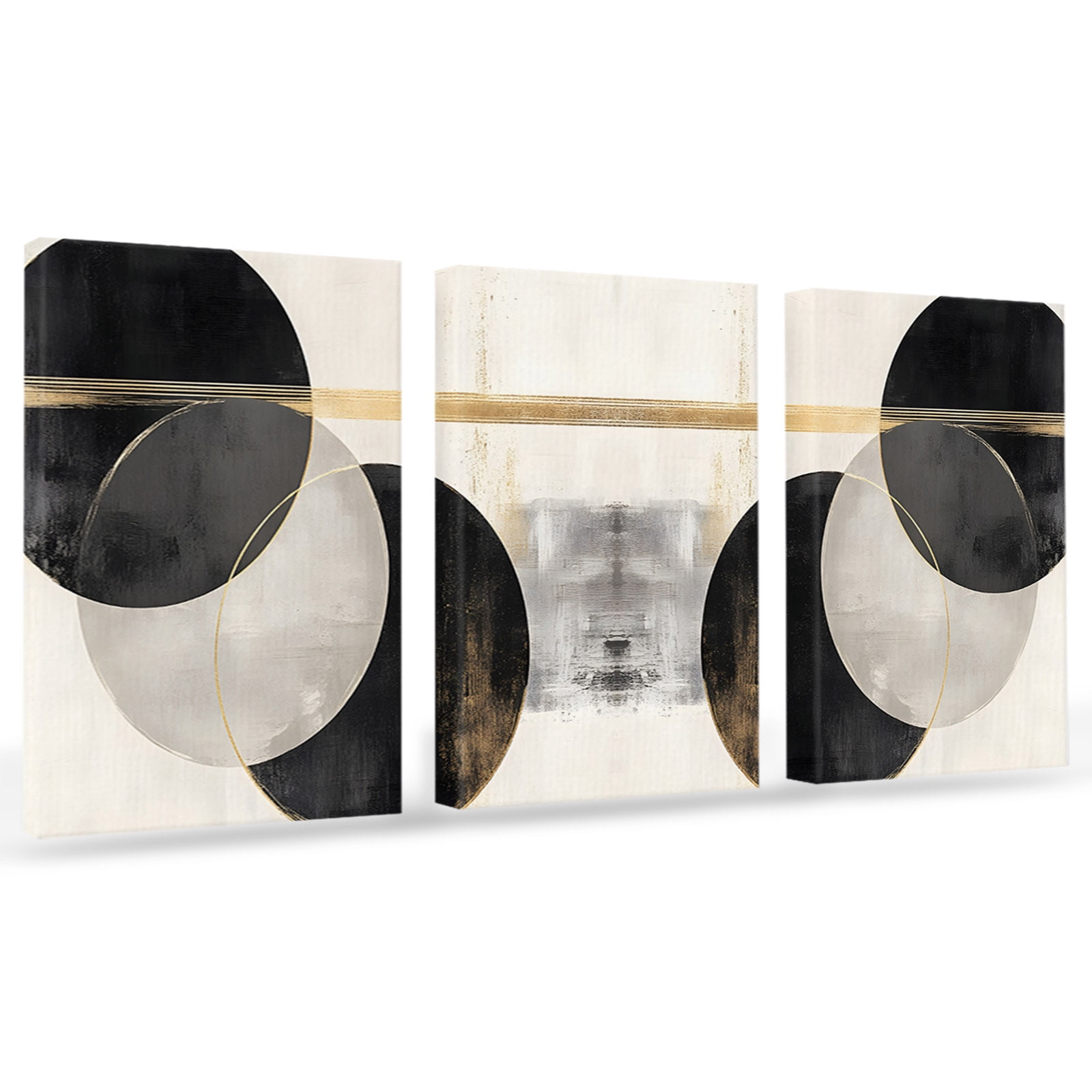 Abstract Art Canvas Wall Art 3 Panels, Black Gold Circle Moon Stripe ...