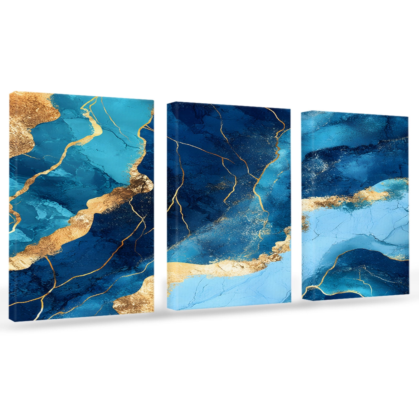 Abstract Art Canvas Wall Art 3 Panels, Water Ripple Gold Blue Gradient ...