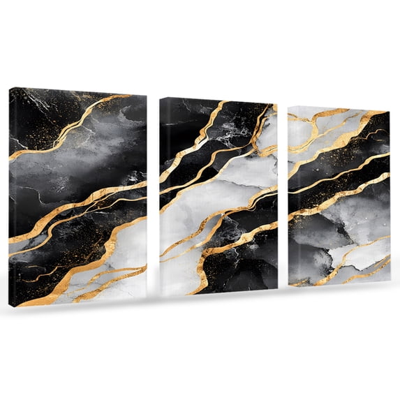 Abstract Art Canvas Wall Art 3 Panels, White Black Gradient Marbling ...