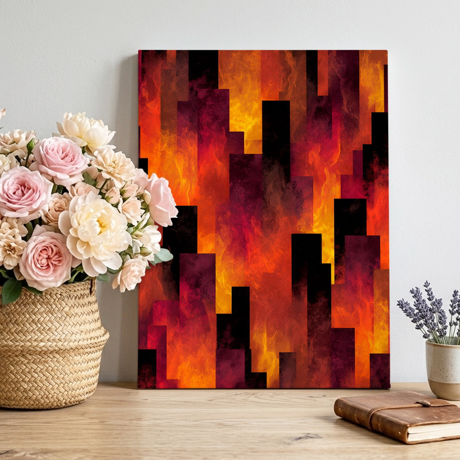 Abstract Art Canvas Wall Art for Living Room, Red Black Gradient Flames ...