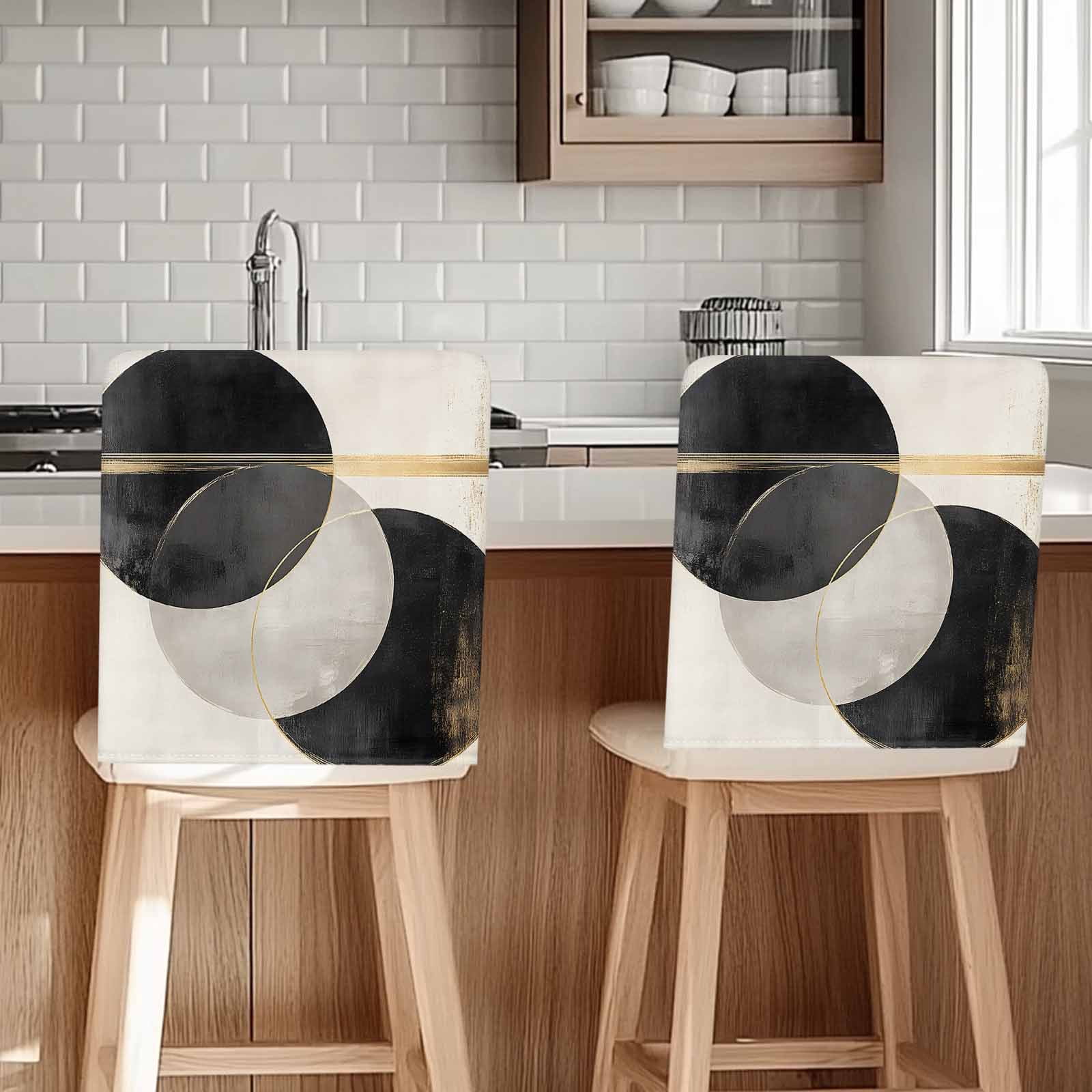 Abstract Art Chair Covers Set of 4 Black Gold Circle Moon Stripe ...