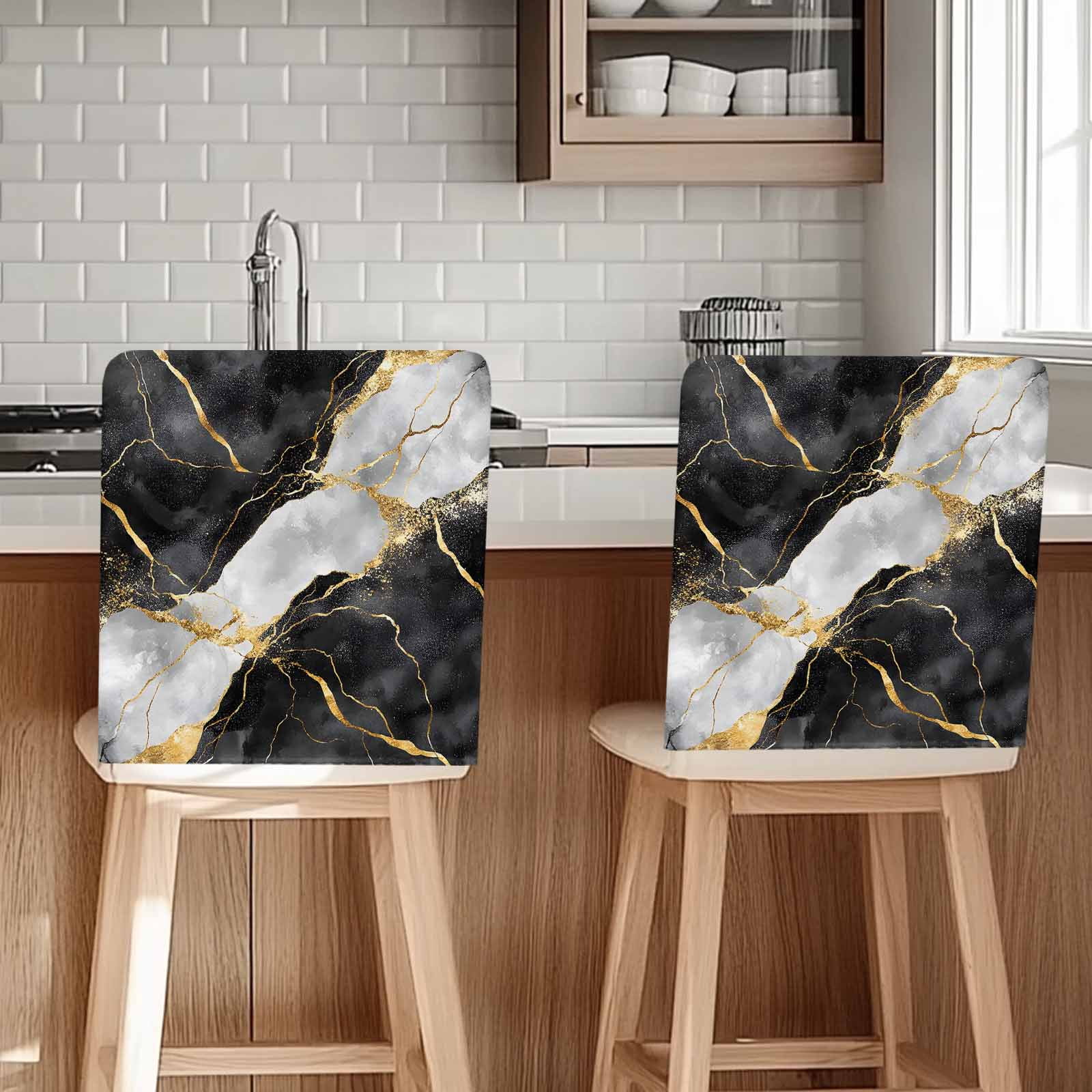 Abstract Art Chair Covers Set of 4 Gold Black Water Ripple Gradient ...