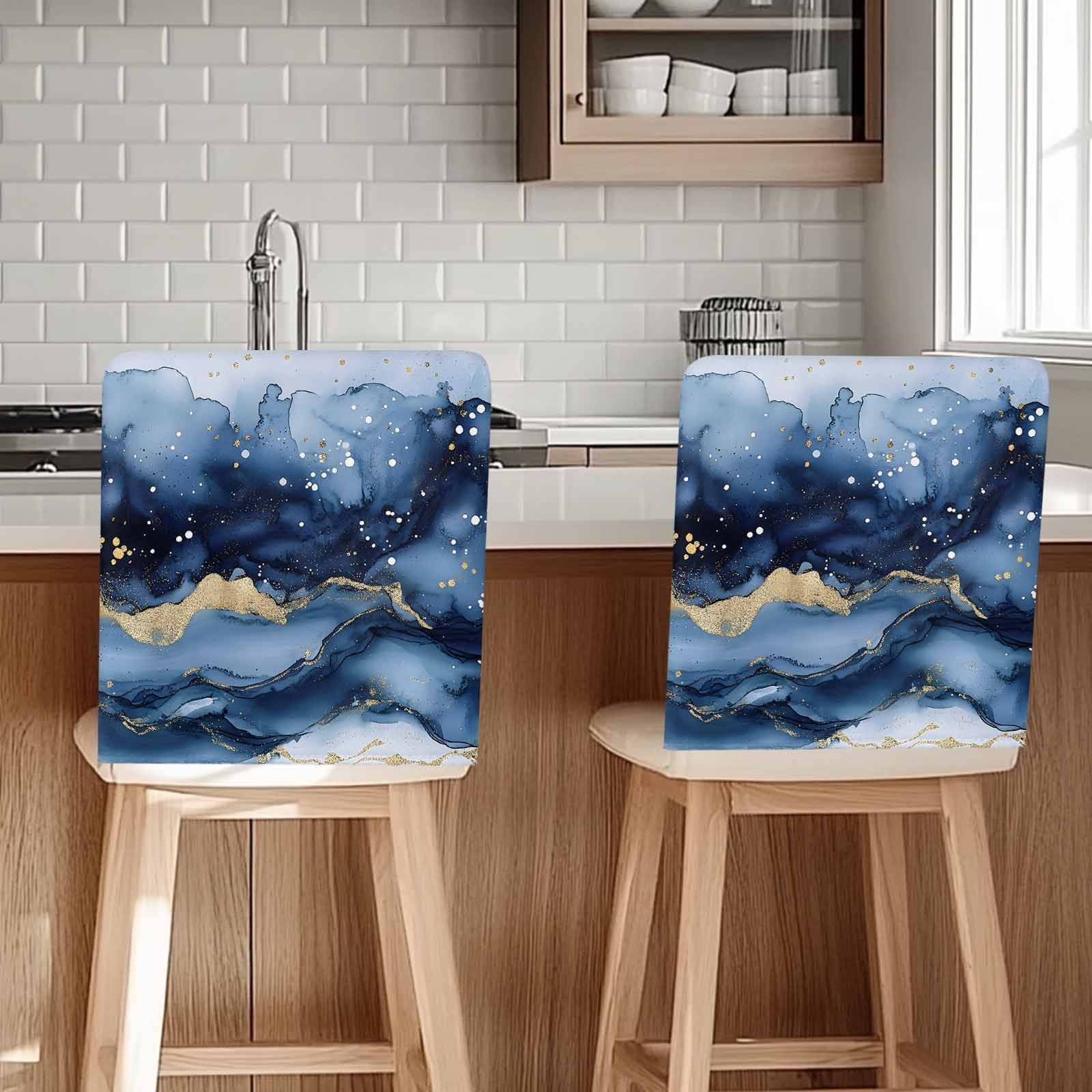 Abstract Art Chair Covers Set of 4 Gold Blue Gradient Marble Texture ...