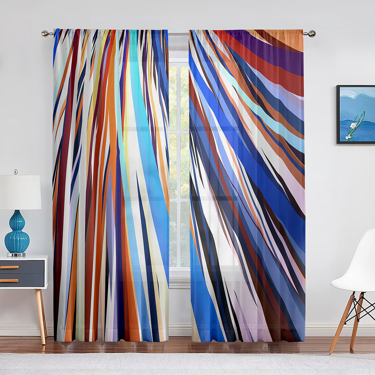 Abstract Art Colorful Waves Stripes Geometric Tulle Curtains for Living ...