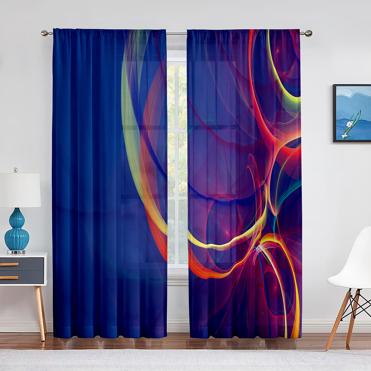Abstract Art Colorful Waves Stripes Geometric Tulle Curtains for Living ...