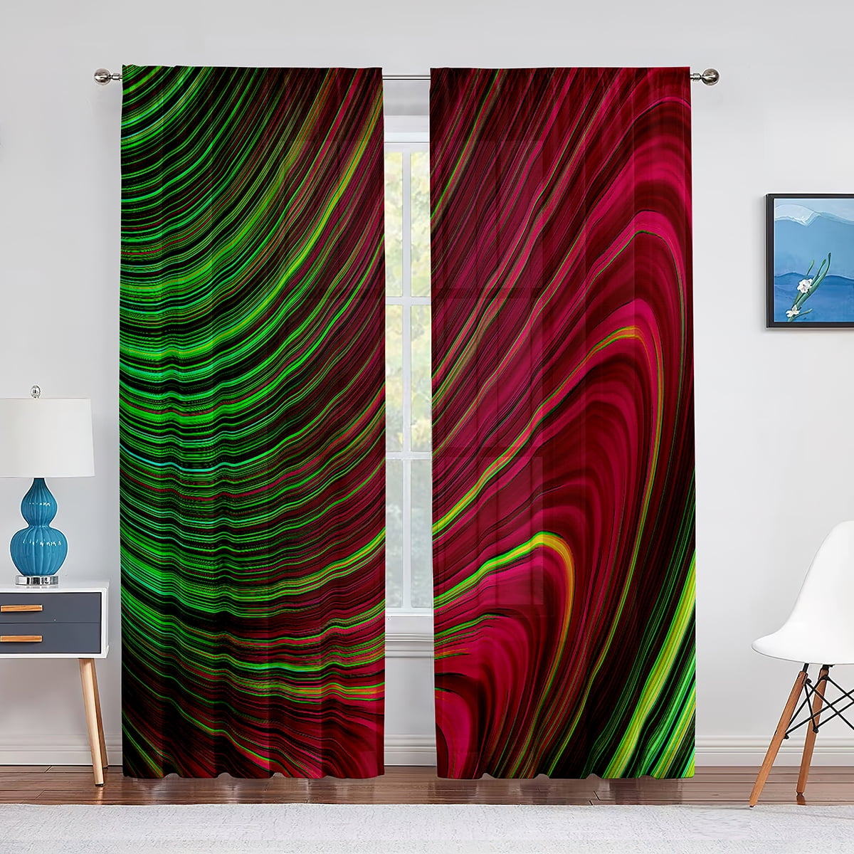 Abstract Art Colorful Waves Stripes Geometric Tulle Curtains for Living ...