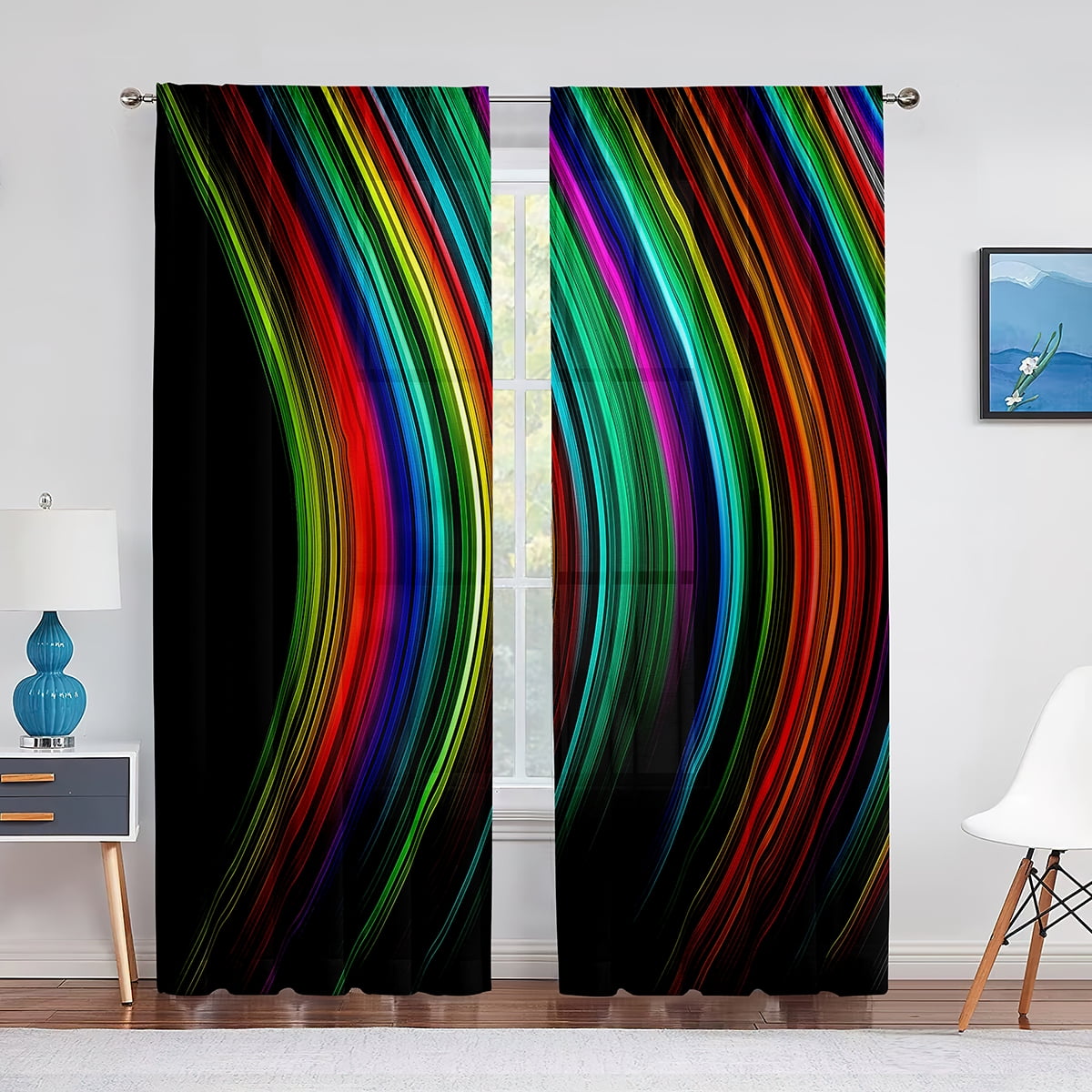 Abstract Art Colorful Waves Stripes Geometric Tulle Curtains for Living ...