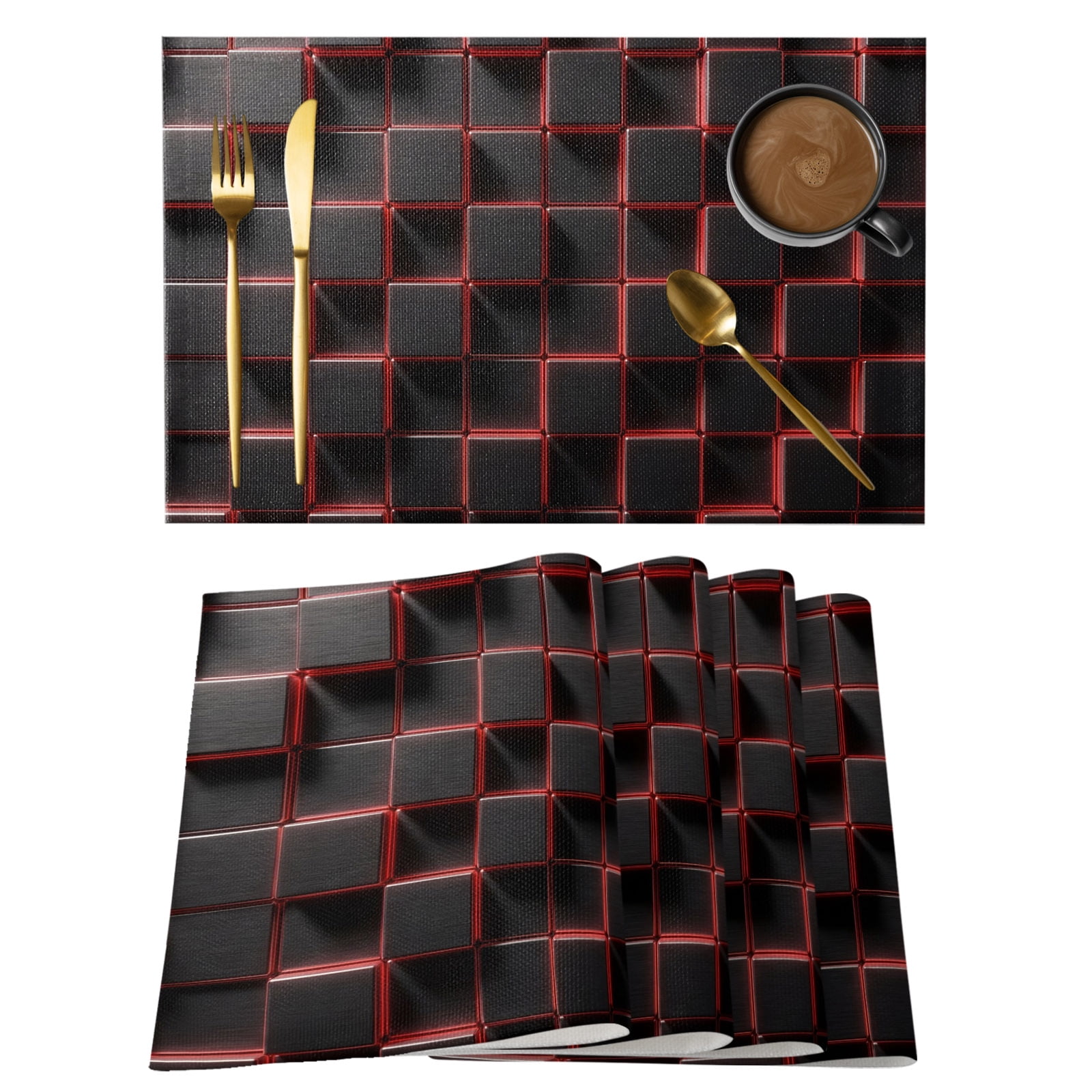 Abstract Art Cotton Linen Placemats Set of 12, Black Red Cubes Modern ...