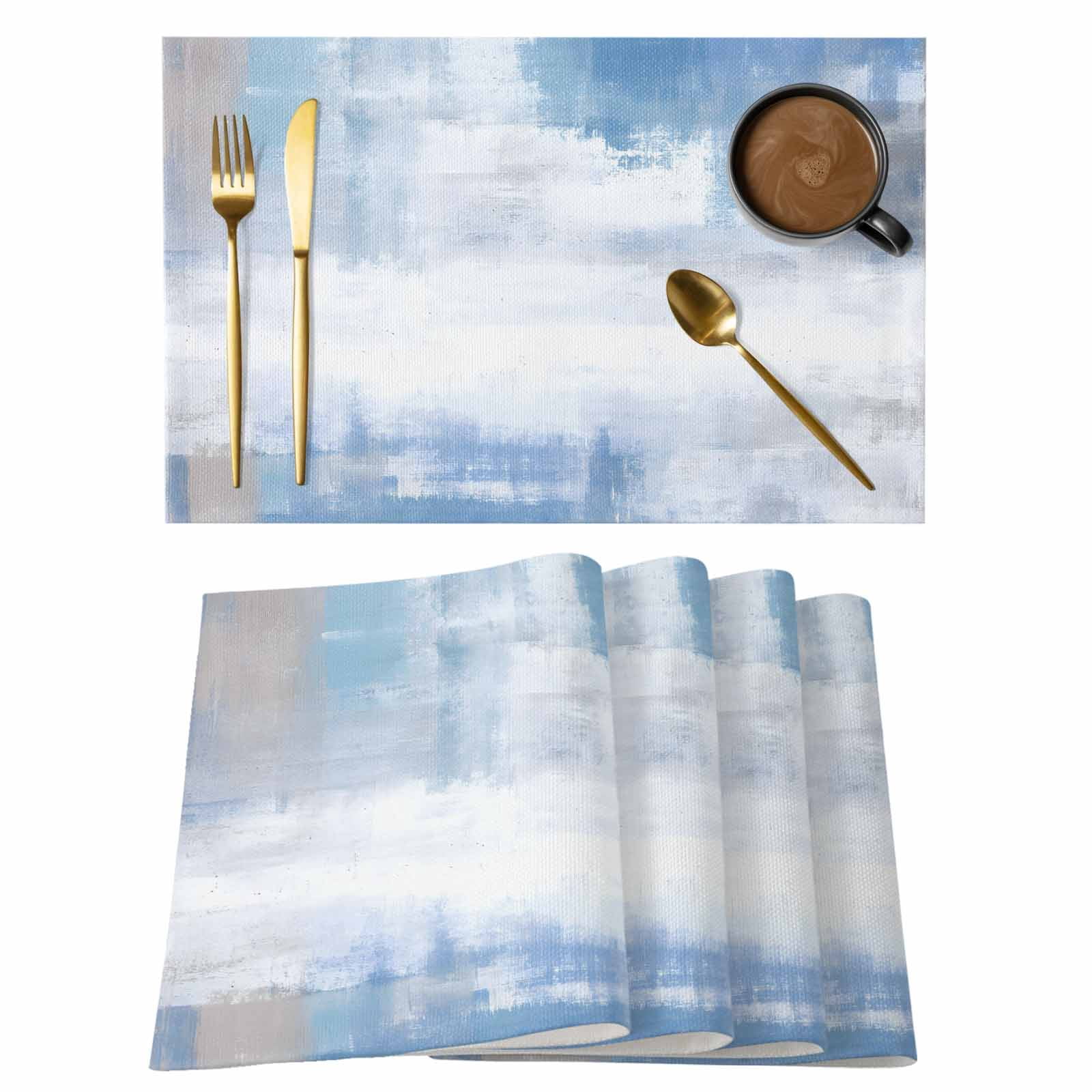 Abstract Art Cotton Linen Placemats Set of 2, Blue White Brown Color ...
