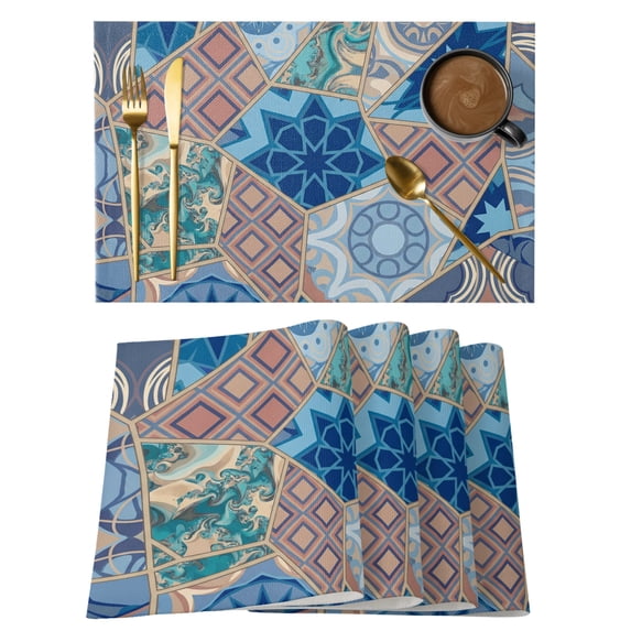 Abstract Art Cotton Linen Placemats Set of 2, Orange Blue Geometric ...