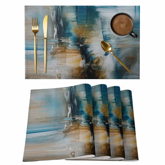 Abstract Art Cotton Linen Placemats Set of 2, Turquoise Brown Paint ...
