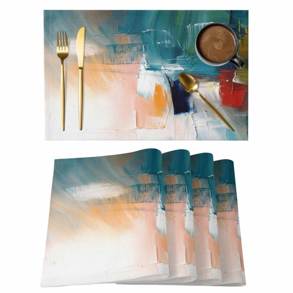 Abstract Art Cotton Linen Placemats Set of 2, Turquoise Orange Paint ...