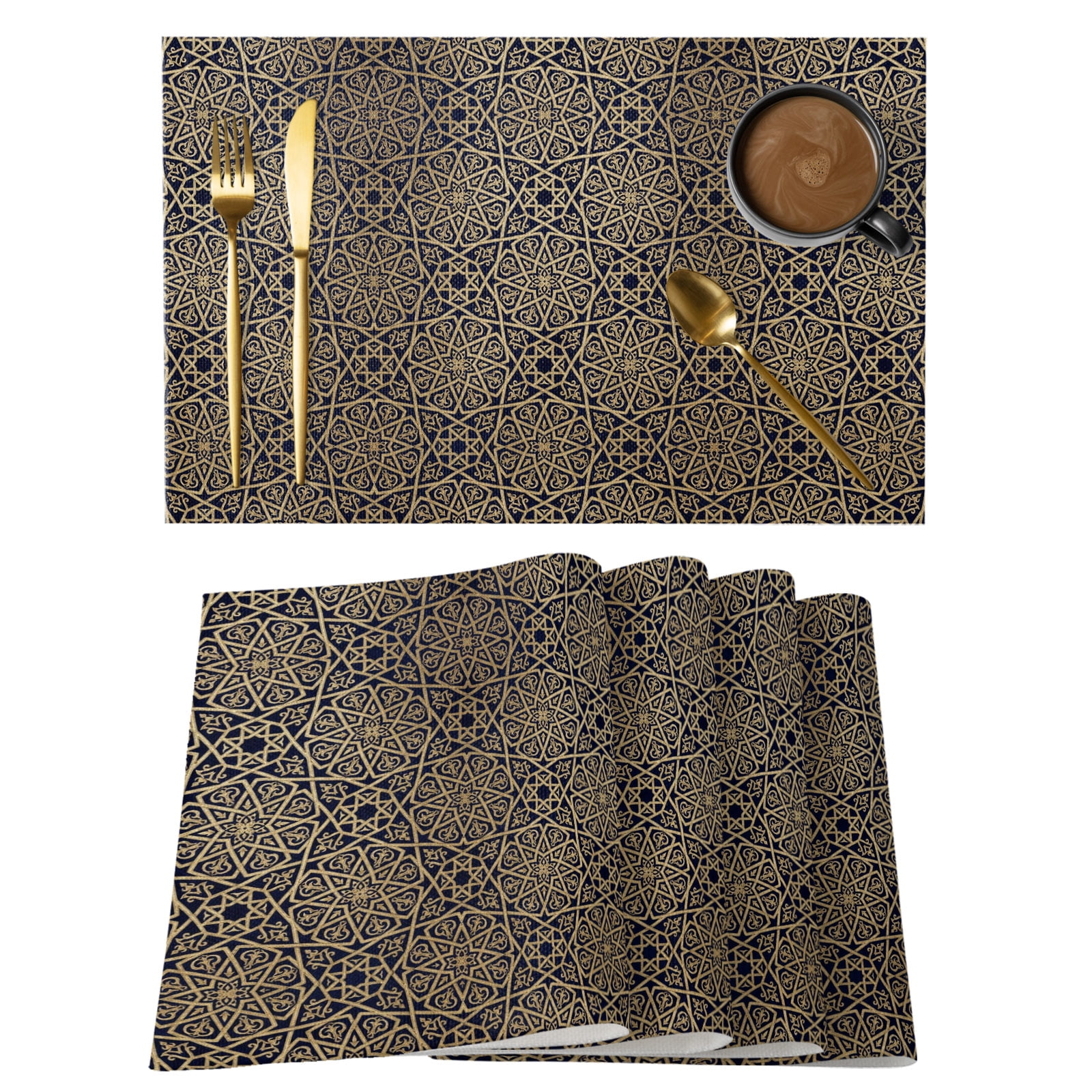 Abstract Art Cotton Linen Placemats Set of 4, Retro Brown Geometric ...