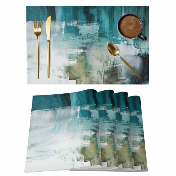 Abstract Art Cotton Linen Placemats Set of 4, Turquoise White Paint ...
