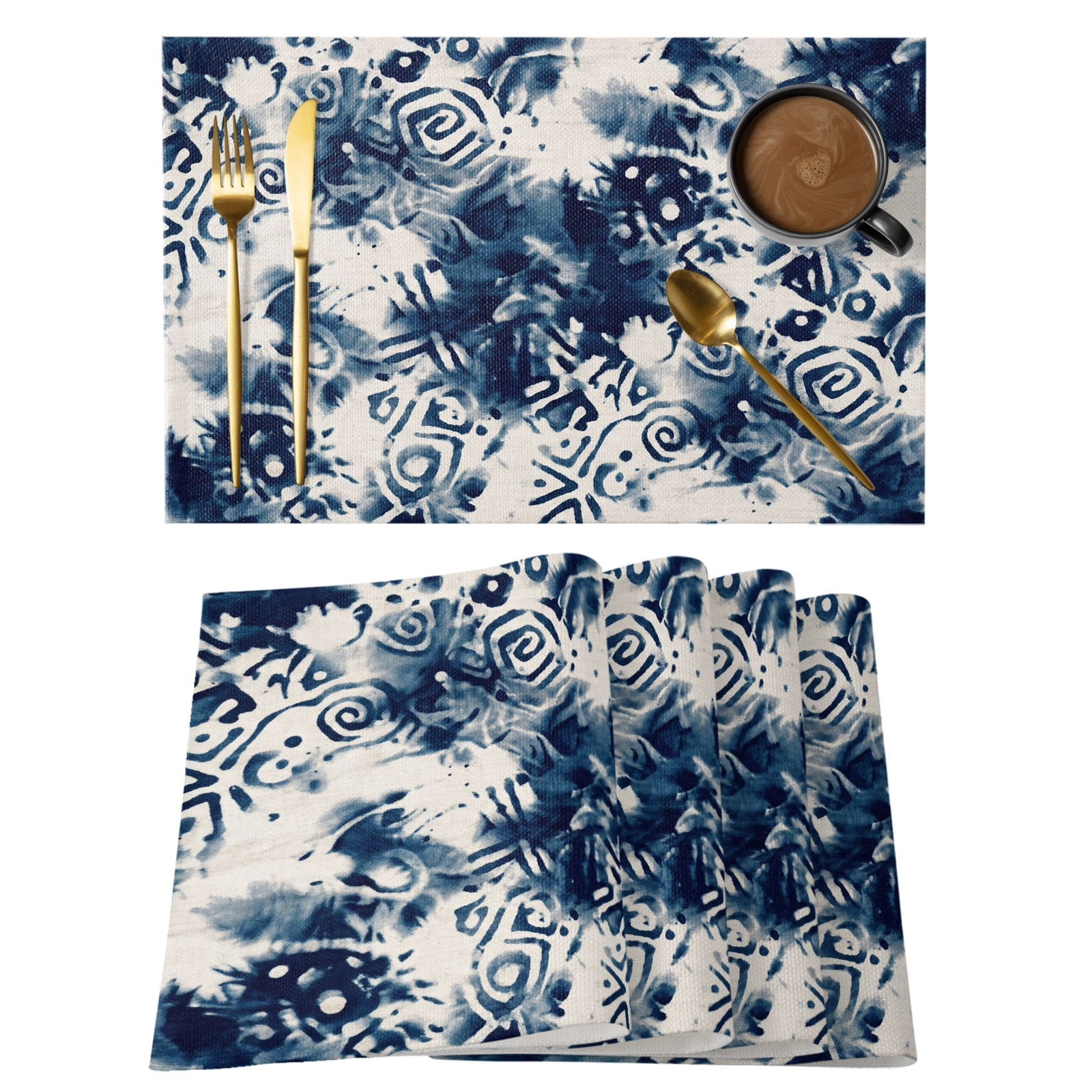 Abstract Art Cotton Linen Placemats Set of 4, Vintage Navy Blue ...