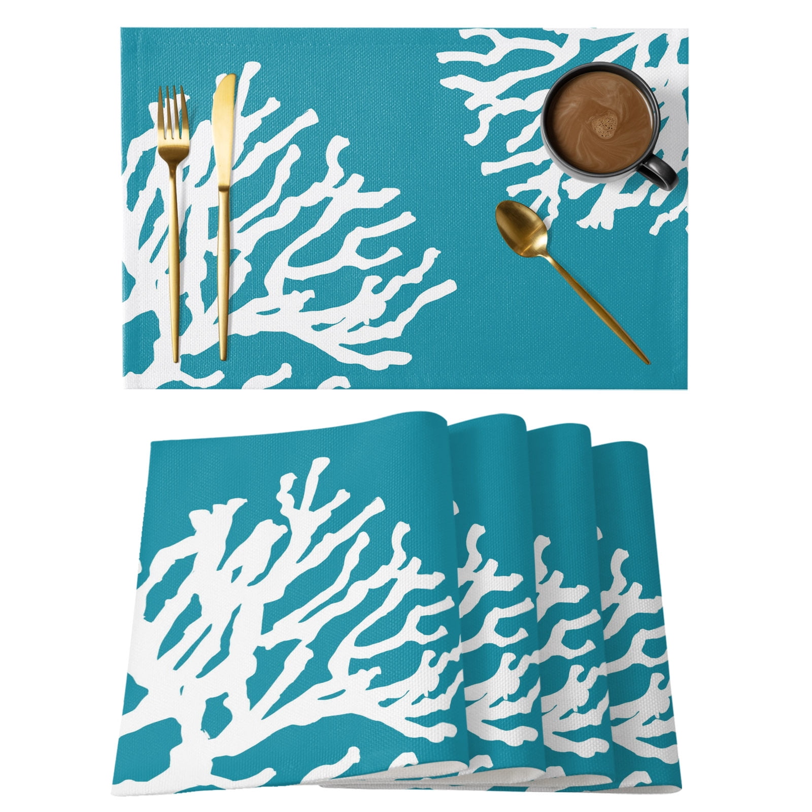 Abstract Art Cotton Linen Placemats Set of 6, Coral Blue Background ...