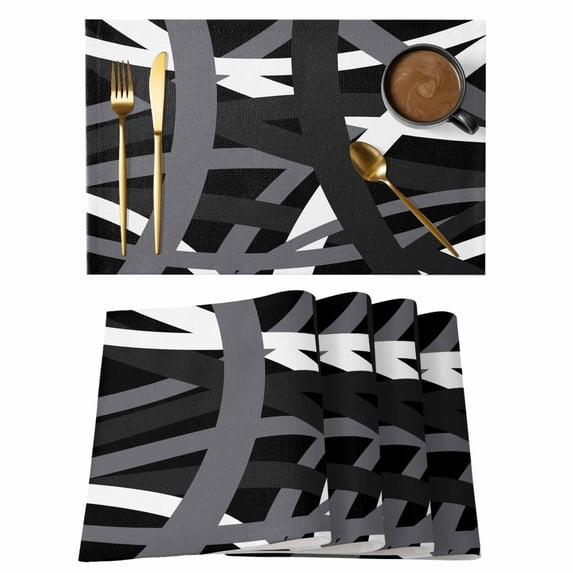 Abstract Art Cotton Linen Placemats Set of 6, White Black Gray Line ...