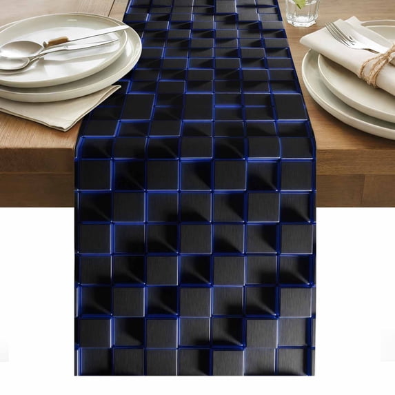 Abstract Art Cotton Linen Table Runner Black Blue Cubes Modern ...