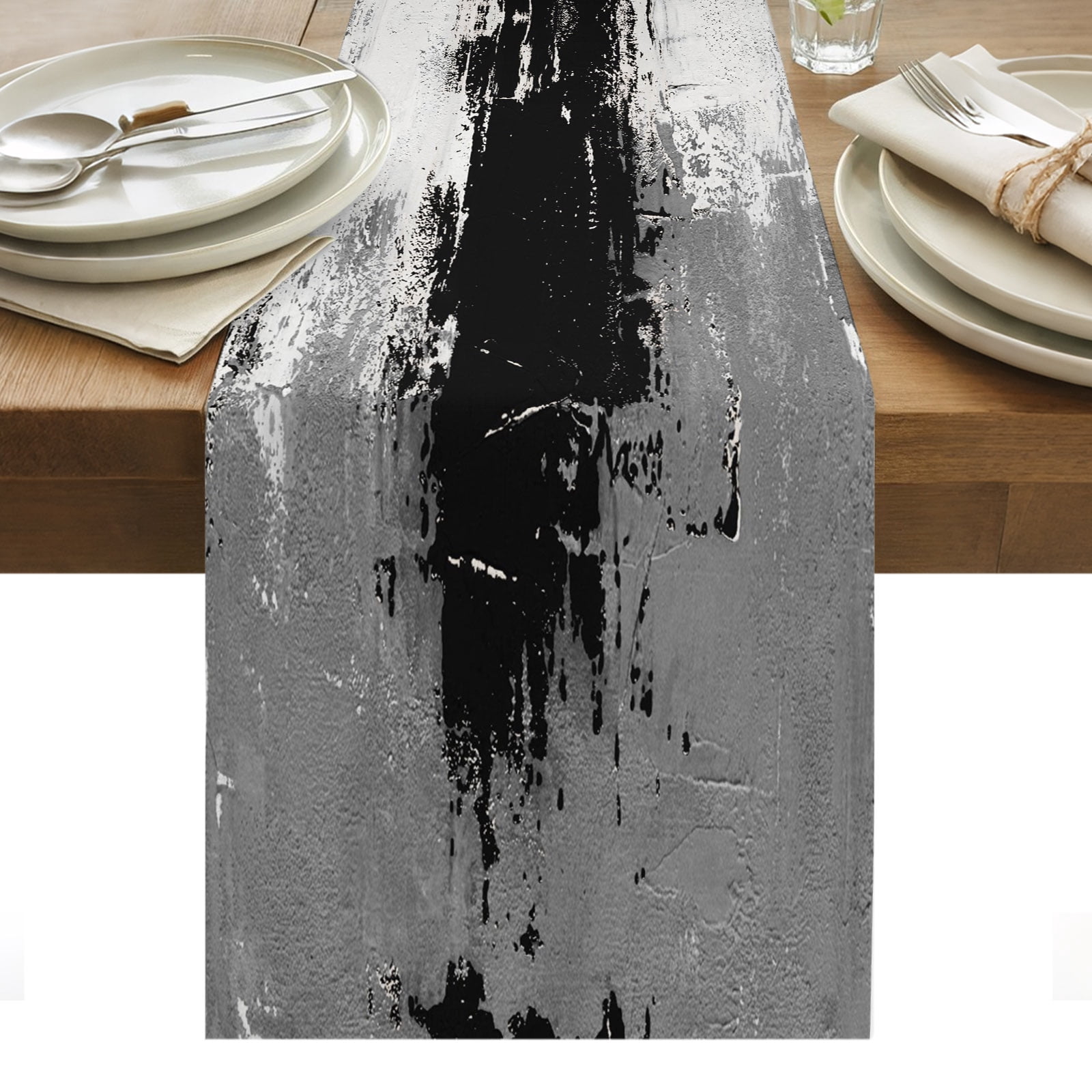 Abstract Art Cotton Linen Table Runner Black Grey Wall Mottled Texture ...