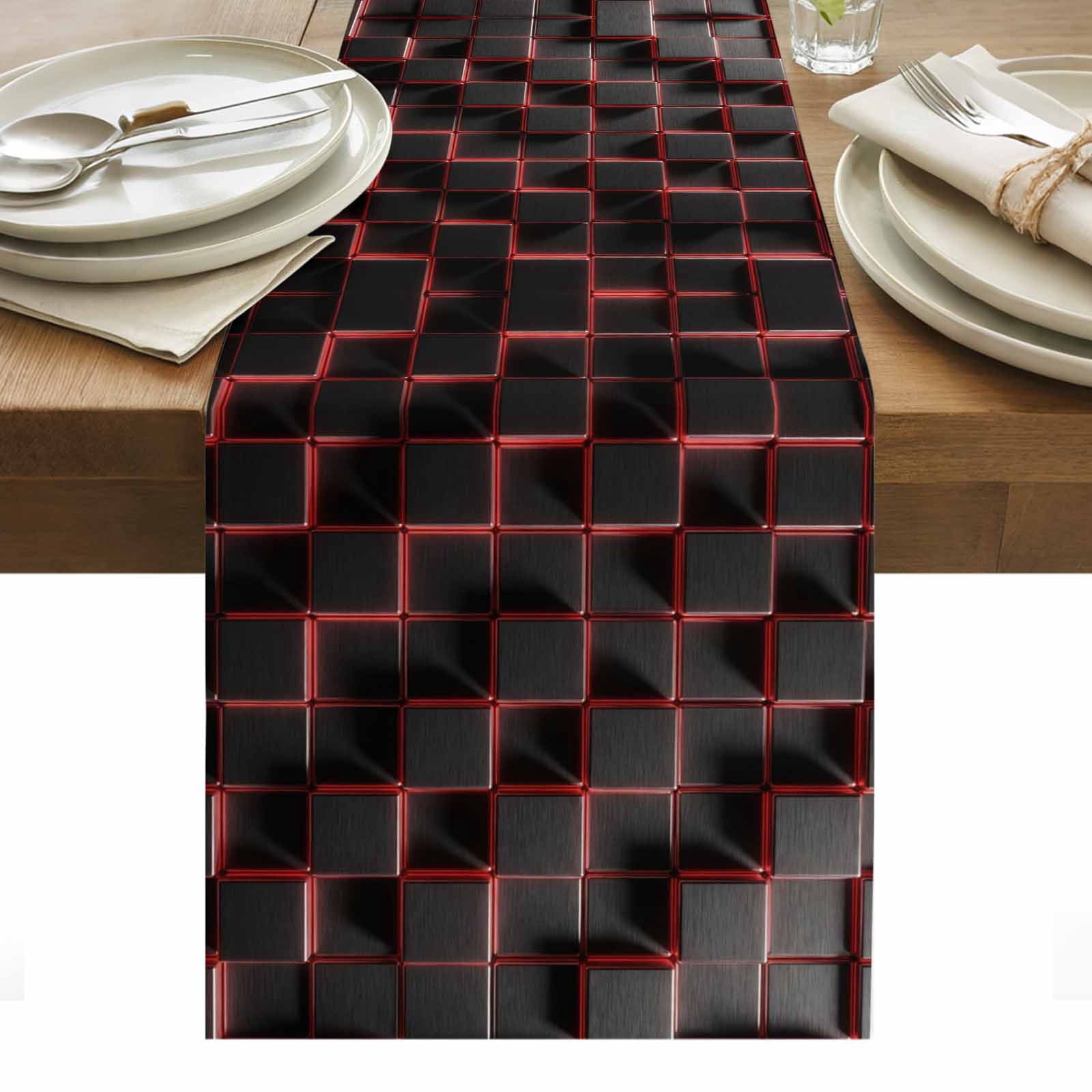 Abstract Art Cotton Linen Table Runner Black Red Cubes Modern ...