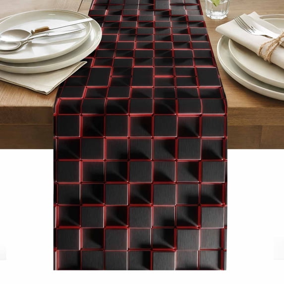 Abstract Art Cotton Linen Table Runner Black Red Cubes Modern ...