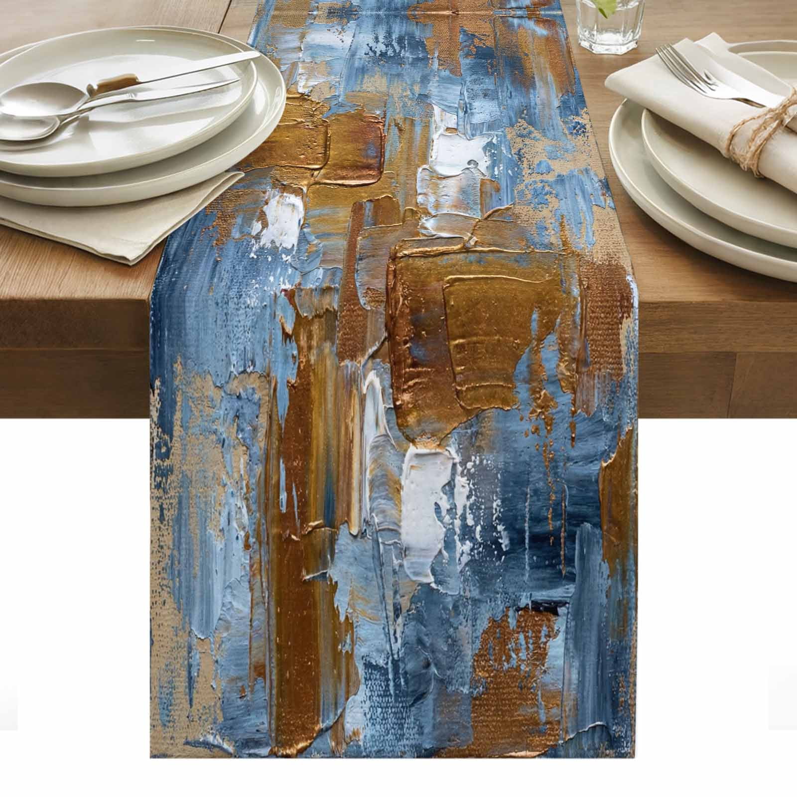Abstract Art Cotton Linen Table Runner Brown Blue Graffiti Paint Retro ...