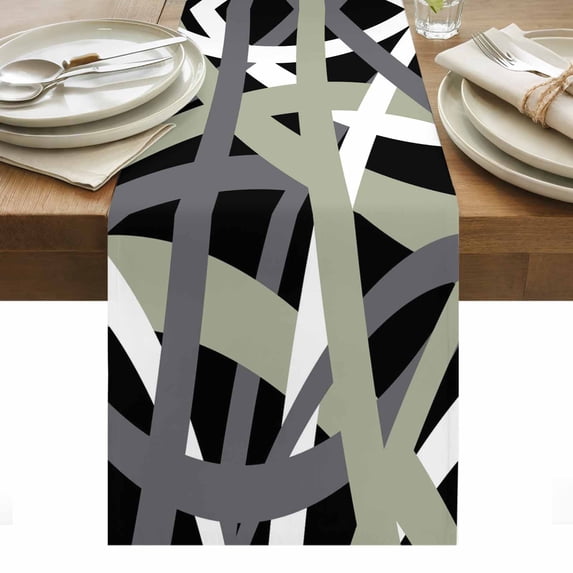 Abstract Art Cotton Linen Table Runner Green White Black Gray Line ...