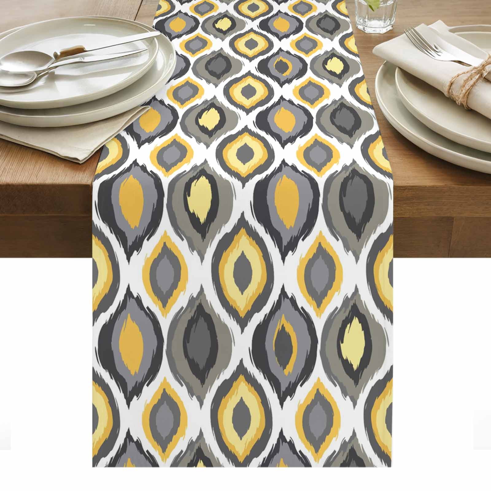 Abstract Art Cotton Linen Table Runner Modern Diamond Patterns Yellow ...