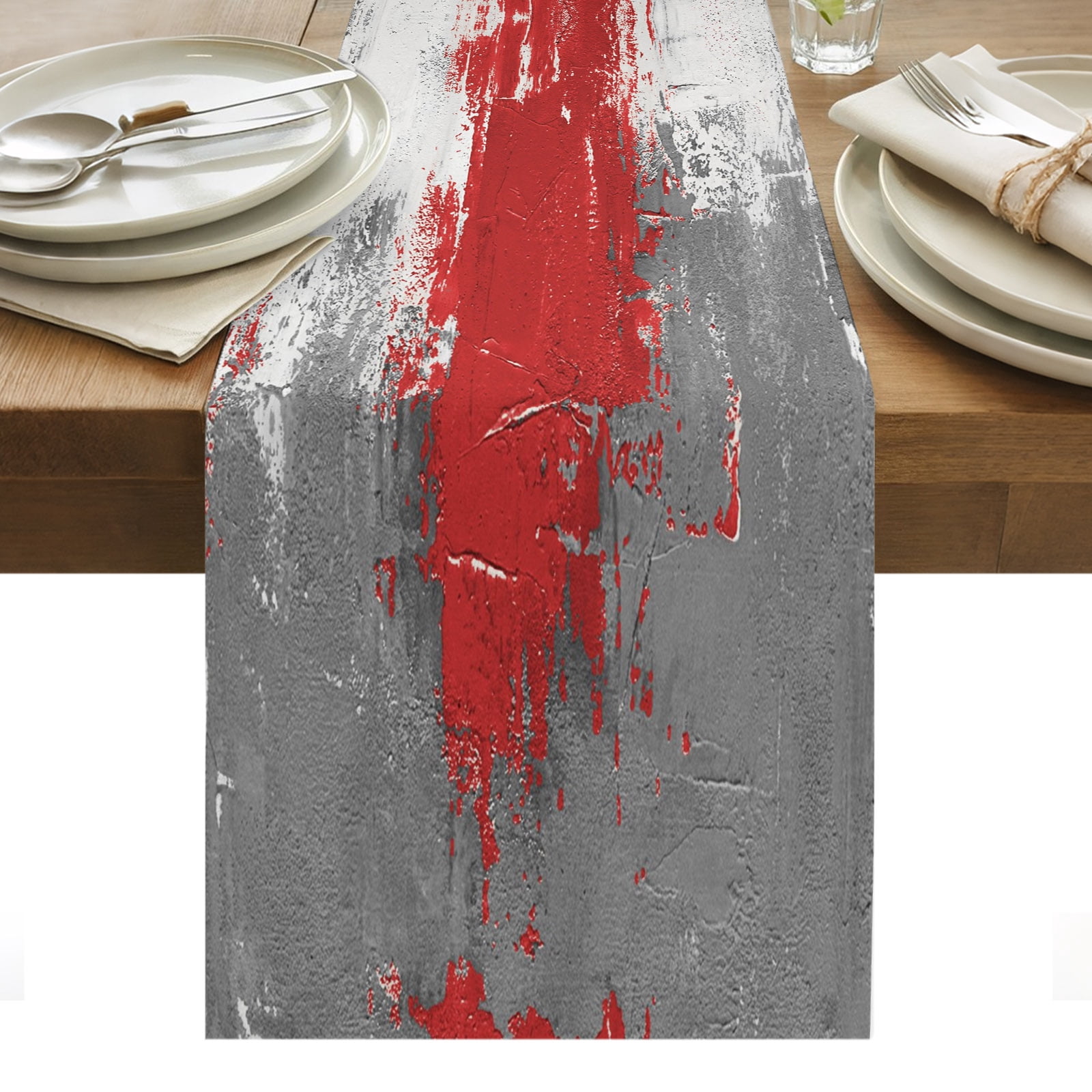 Abstract Art Cotton Linen Table Runner Red Grey Wall Mottled Texture ...