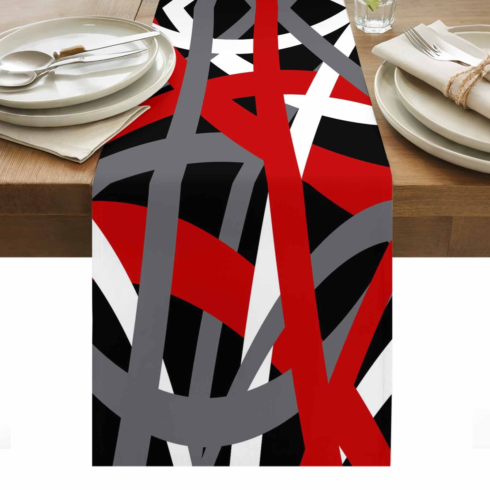 Abstract Art Cotton Linen Table Runner Red White Black Gray Line Modern ...