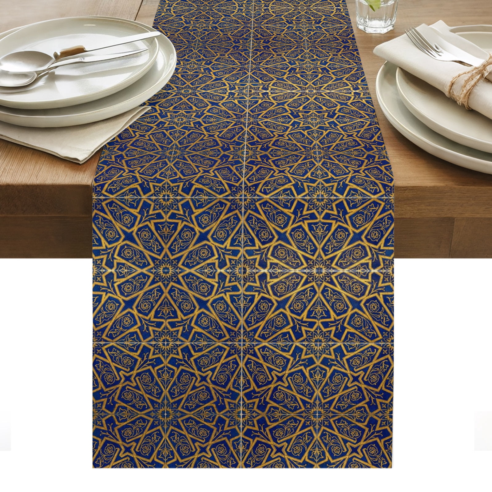Abstract Art Cotton Linen Table Runner Retro Golden Geometric Texture ...