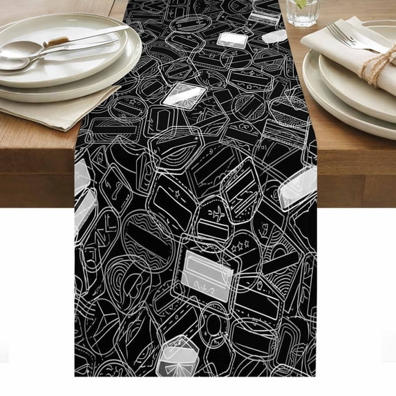 Abstract Art Cotton Linen Table Runner Travelling Lines Postmarks Black ...