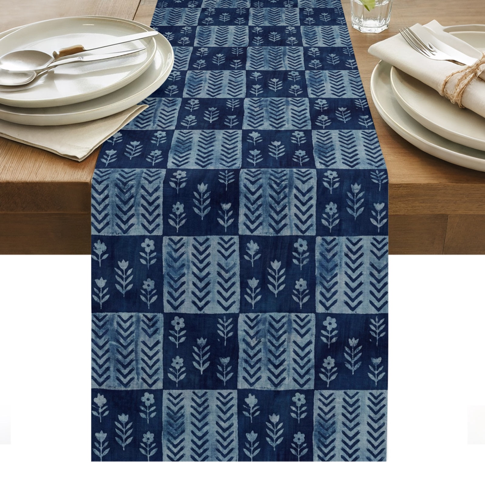 Abstract Art Cotton Linen Table Runner Vintage Flowers Plants Lines ...