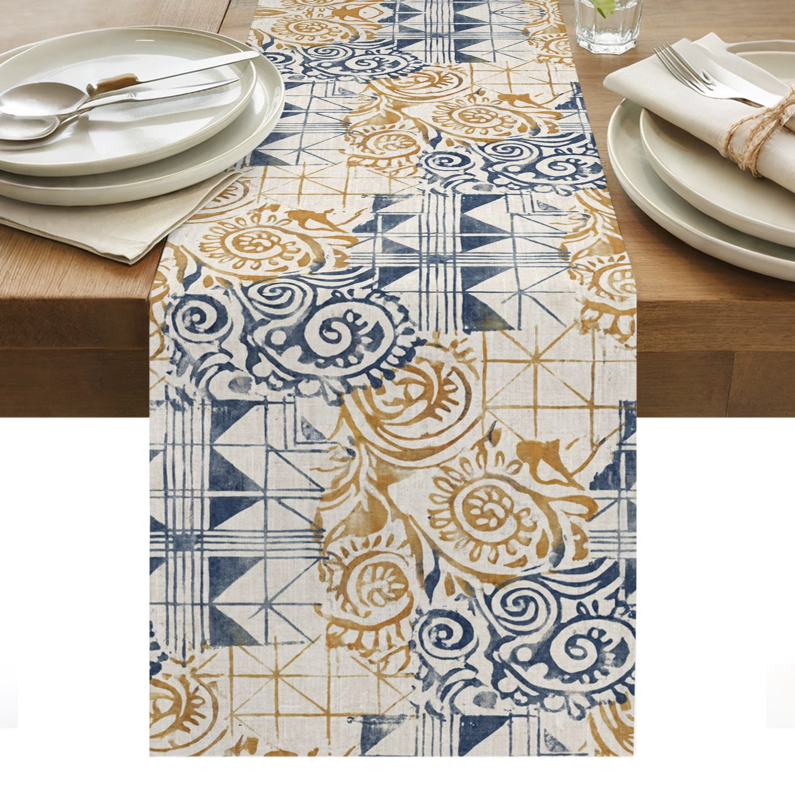Abstract Art Cotton Linen Table Runner Vintage Khaki Navy Blue Mottled ...