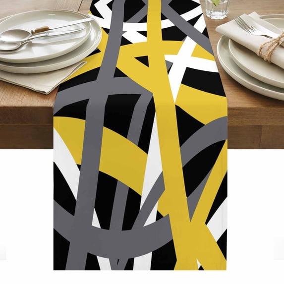 Abstract Art Cotton Linen Table Runner Yellow White Black Gray Line ...